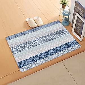 Bohemia Antifatigue Kitchen Bath Door Mat Cushioned Runner Rug,Washable Welcome Floor Sink Mat,Waterproof Comfort Standing Doormat for Kitchen,Blue Grey Boho Tribal Paisley Flower Plaid 24"x36"