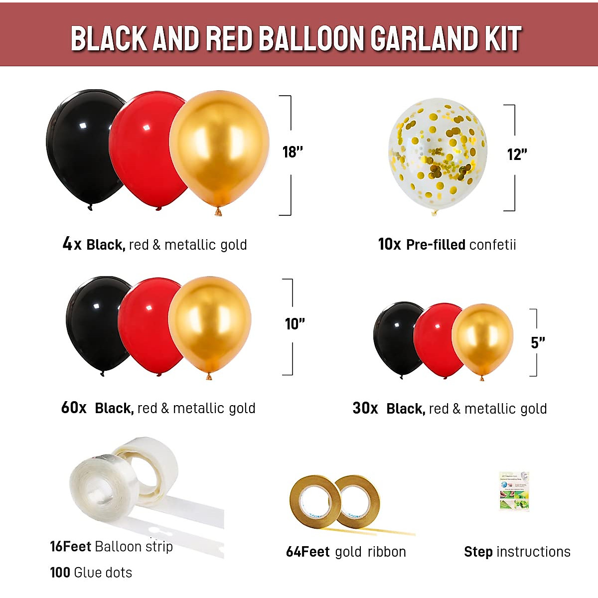 Red Black and Gold Balloon Garland Kit Red Black Metallic Gold Latex Confetti Balloons Arch for Baby Shower Graduation Circus Birthday Party Decorations