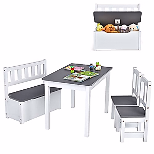 Costzon Kids Table and Chair Set, Wood Activity Table with Toy Storage Bench & 2 Chairs for Children Reading, Arts, Crafts, Snack Time, Homework, Playroom, Toddler Table and Chair Set (Grey)