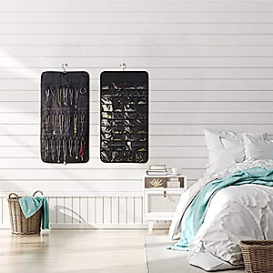 CRUGLA 2 Packs Hanging Jewelry Organizer Set, Dual Sided 80 Pockets and 40 Hook Loops Black Hanging Accessories Closet Organizers Earring Necklace Holder for Jewellery