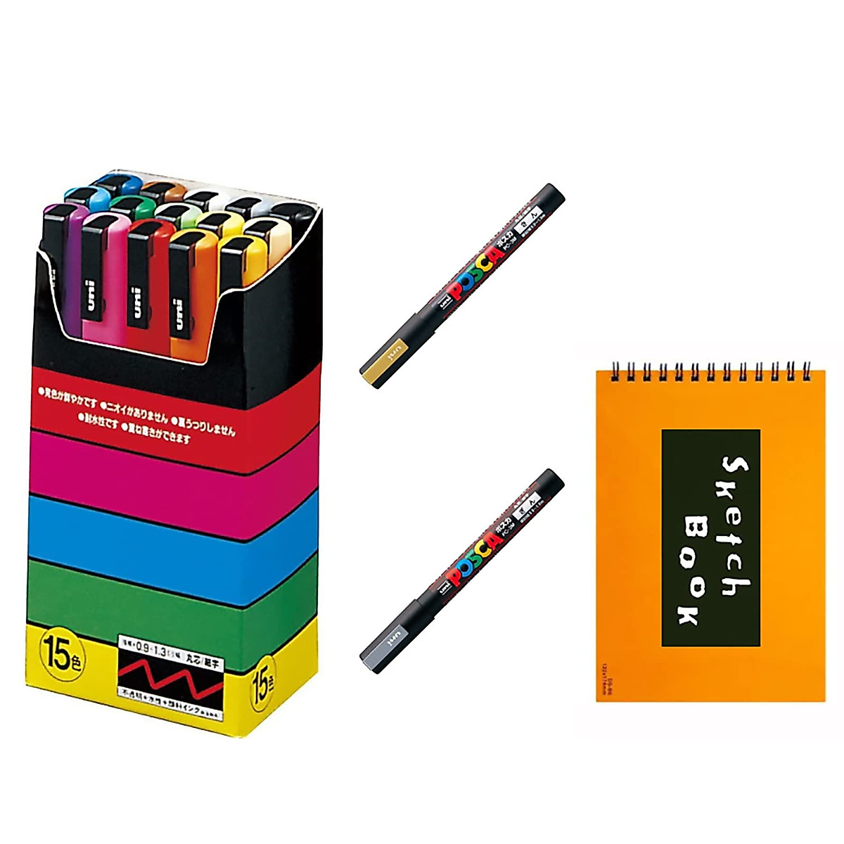 Uni-posca Paint Marker Pen SPECIAL (b-set) , Mitsubishi Pencil Uni Posca Poster Color Marking Pens Fine Point 15 Colours (PC-3M15C), Gold and Silver -Japan Import
