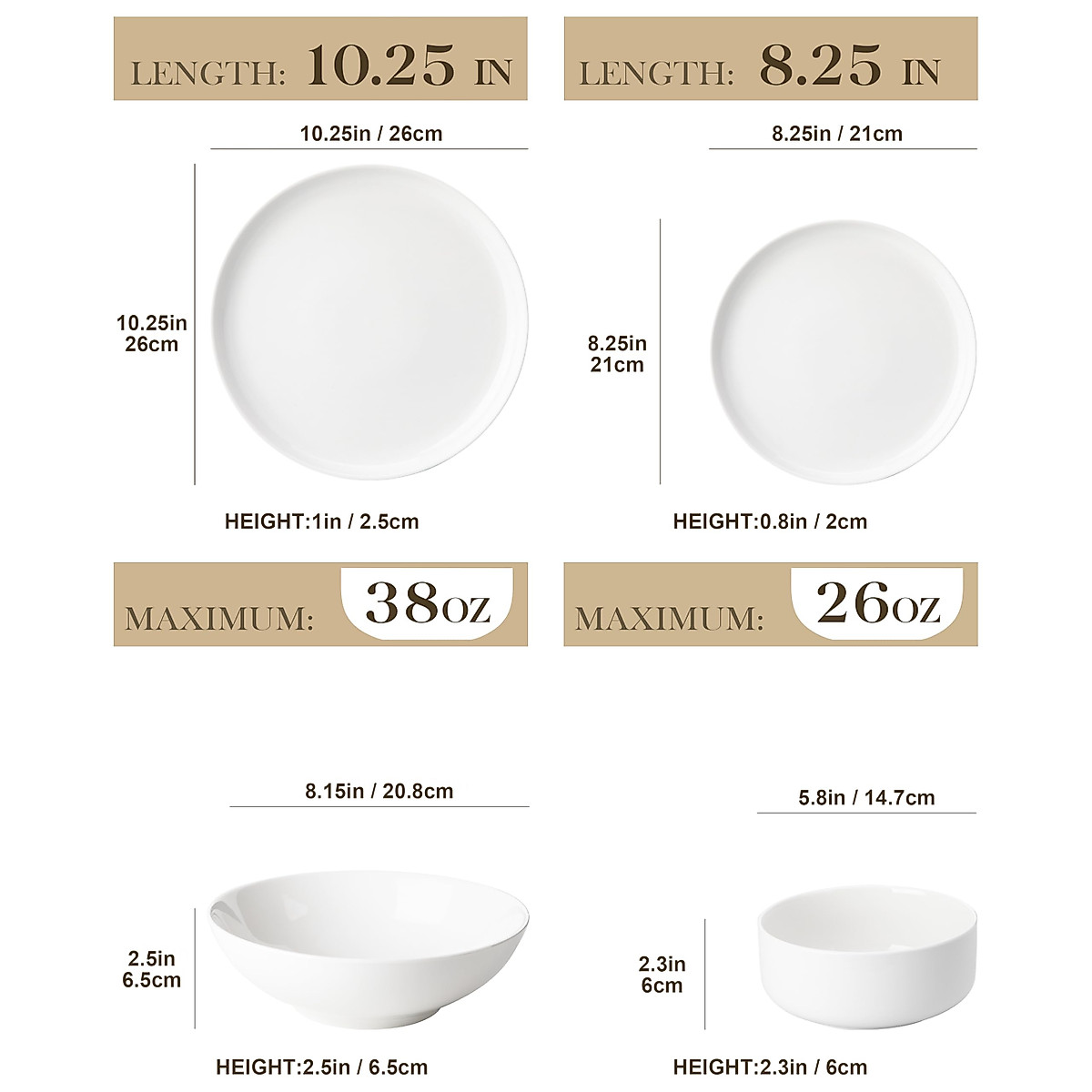 MALACASA Plates and Bowls Sets, 24 Pieces Modern Porcelain Dinnerware Set for 6 Ceramic Dishware Dishes White Kitchen Dinner Dining Ware Set Microwave and Dishwasher Safe, Series LUNA