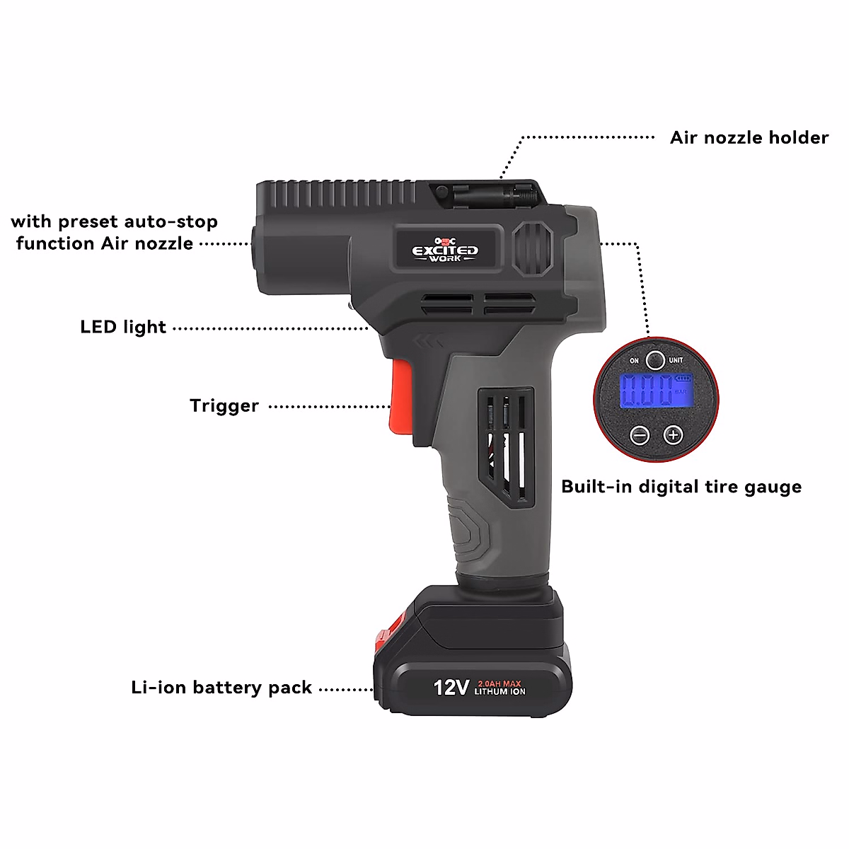 Excited Work 12V Portable Air Compressors Cordless Tire Inflator, 2.0 Ah Rechargeable Battery and Quick Charger, Max 150PSI, with 3 Nozzles, 4 Unit Meters, Fits Cars Motorcycles etc