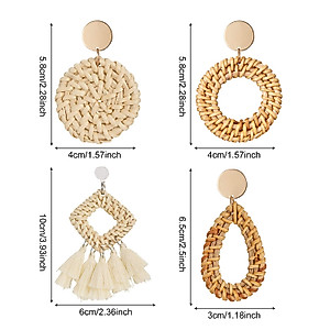 4 Pairs Rattan Earrings Lightweight Geometric Tassel Woven Bohemian Earrings Handmade Straw Wicker Braid Hoop Drop Dangle Earrings For Women Girls (Style A)