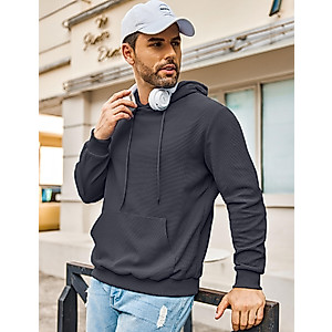 COOFANDY Men's Hooded Sweatshirts Long Sleeve Casual Pullover Hoodie Waffle Knit Sweatshirt with Pocket Dark Grey