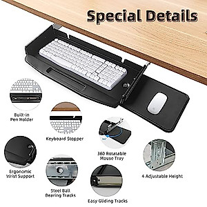 Desk Keyboard Tray with 360 Rotating Mouse Platform, 28"L X 10"W Keyboard Tray Under Desk, Steel Keyboard Shelf Sliding, Under Desk Mounted Keyboard Holder, Keyboard Drawer Under Desk Slide