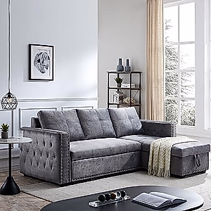 Morden Fort Sleeper Sectional Sofa [Large Size] Reversible Storage L-Shape Chaise 3 Seat Sectional Couch with Put Out Bed Velvet Gray