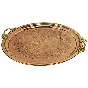 Hammered Copper Serving Tray with Brass Handle - Decorative Round Coffee Table Tray - Multi-Purpose Kitchen Food Tray Decorative for Breakfast, Dinner, and Parties, 14 Inch (Flower Design)