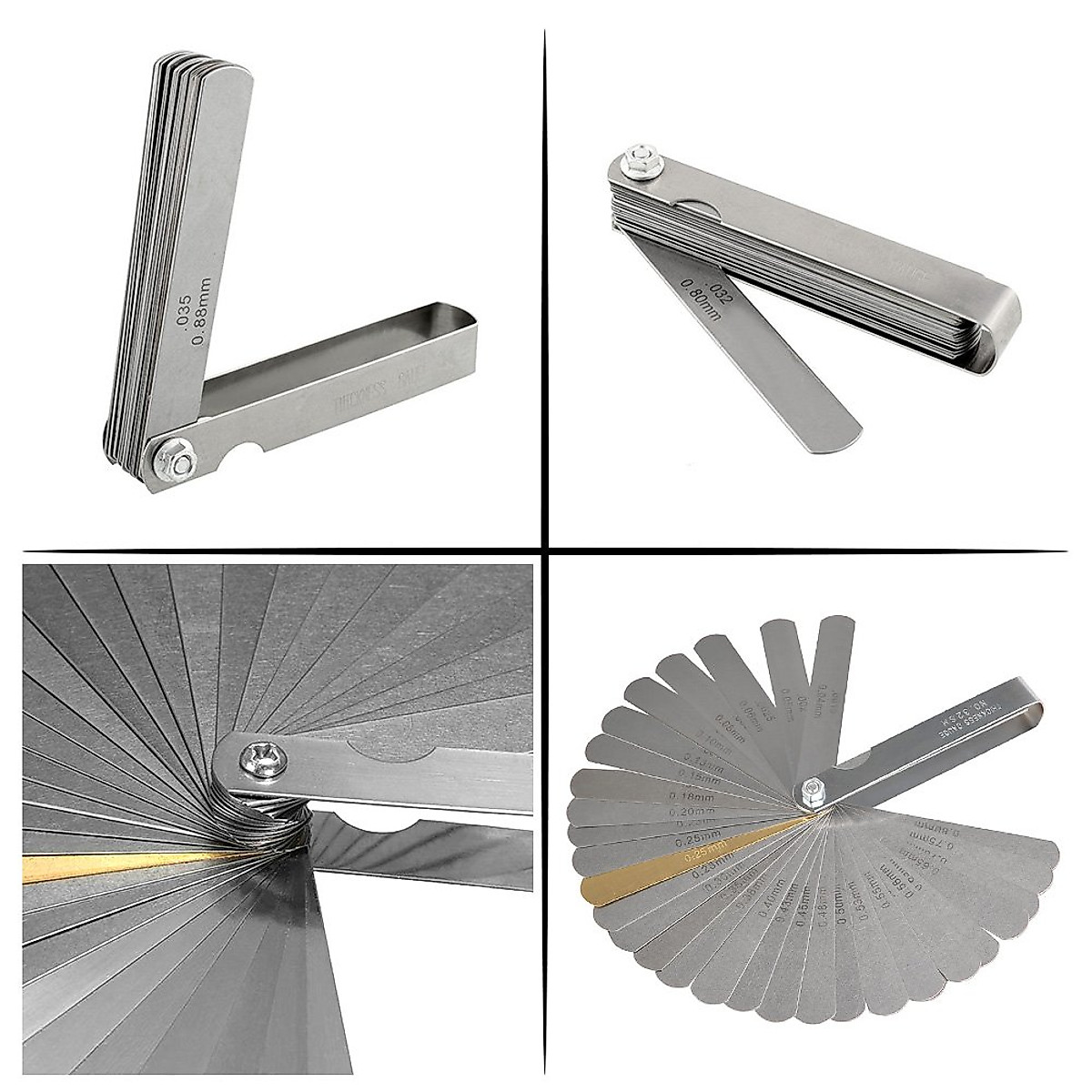 TIMESETL 2Pack Stainless Steel Feeler Gauge Dual Marked Metric and Imperial Gap Measuring Tool 32 Blades + String Action Ruler Gauge Tool for Guitar Player & Luthier & Mechanic Auto Repair