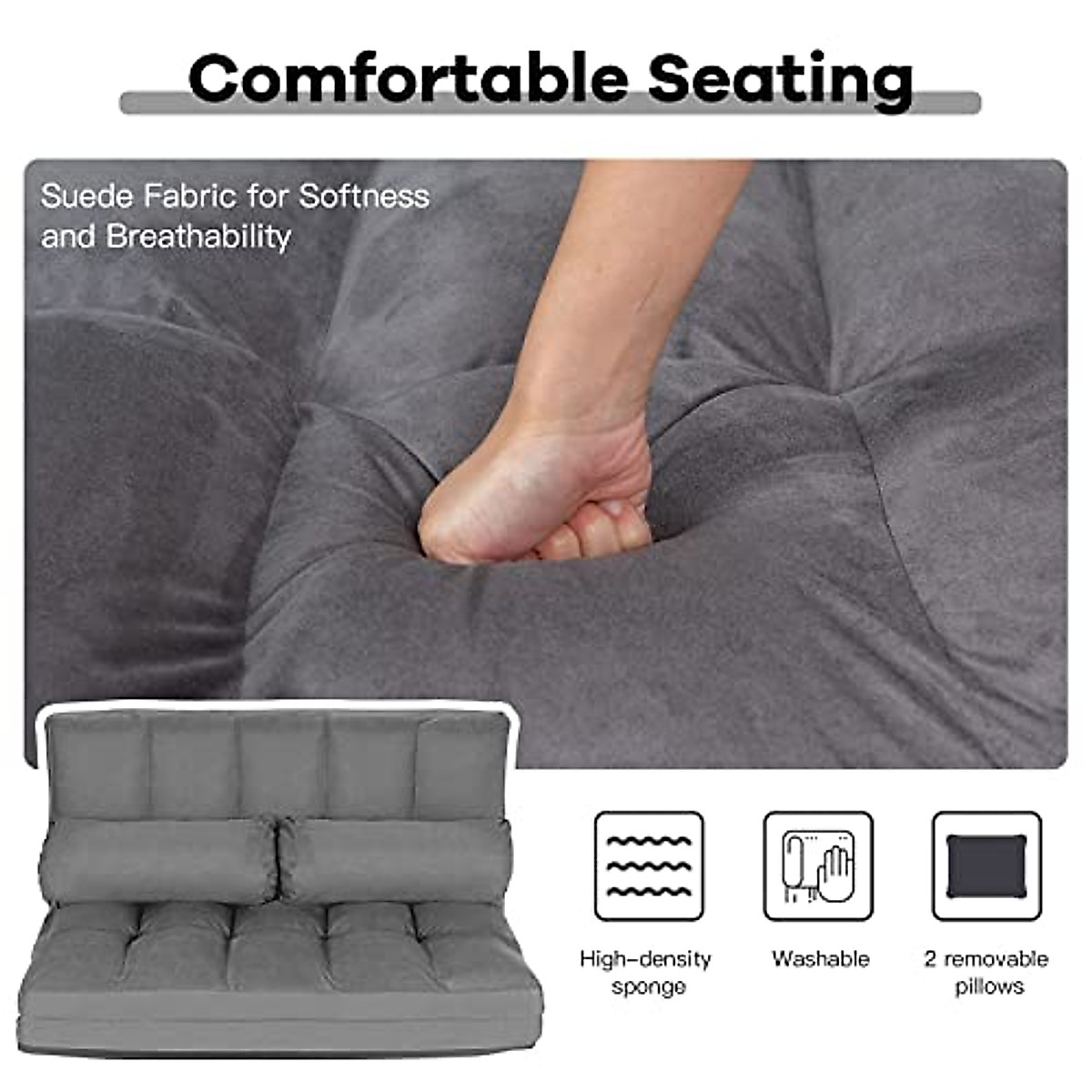 TUOCHUFUN Fluffy Lazy Sofa, 6-Position Foldable Adjustable Floor Sofa Bed with 2 Lumbar Pillows, Detachable Cloth Cover (Gray)