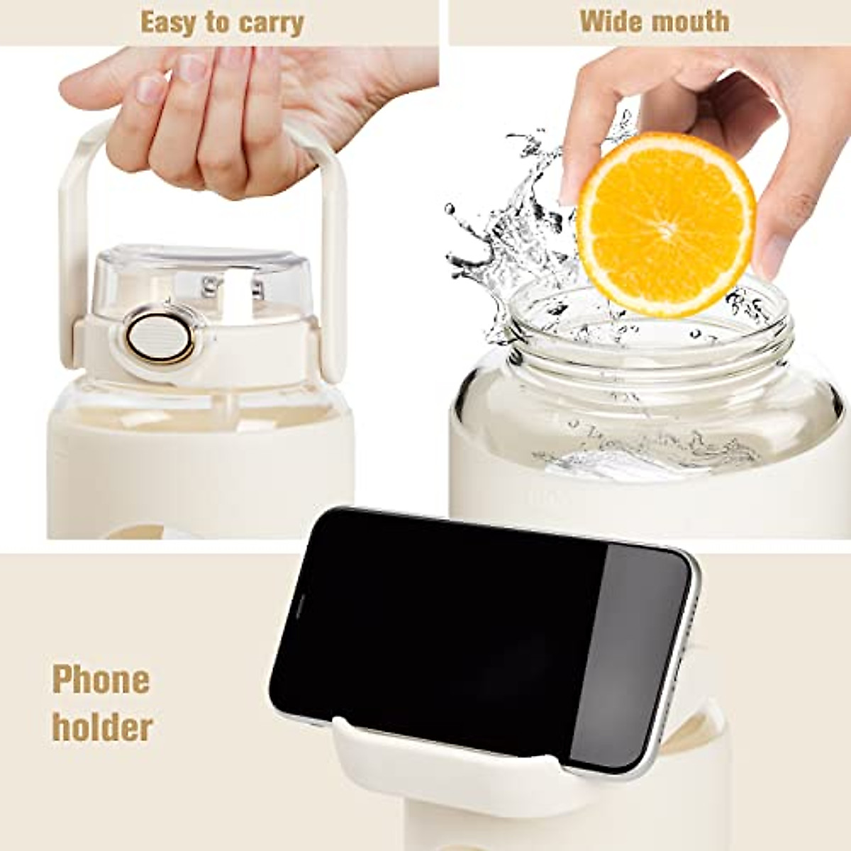 64oz Glass Water Bottles with Straw , Motivational Water Bottle with Silicone Sleeve & Double Drinking Lid Handle, Leakproof & BPA Free Reusable Clear Glass Water Jug with Double Drinking Lids (White)