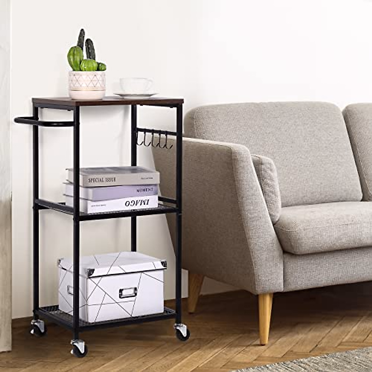 NANANARDOSO Kitchen Cart on Wheels, 3 Tier Mesh Utility Storage Cart, Wood Look Top and Metal Frame Rolling Pantry Cart for Kitchen, Living Room, Laundry Storage, Rustic Brown.