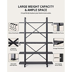 Gizoon 5 Tier Bookshelves for Storage, Industrial Tall Wood Bookshelf with 4 Hooks, Metal Frame Display Shelves for Bedroom, Living Room, Kitchen, Black