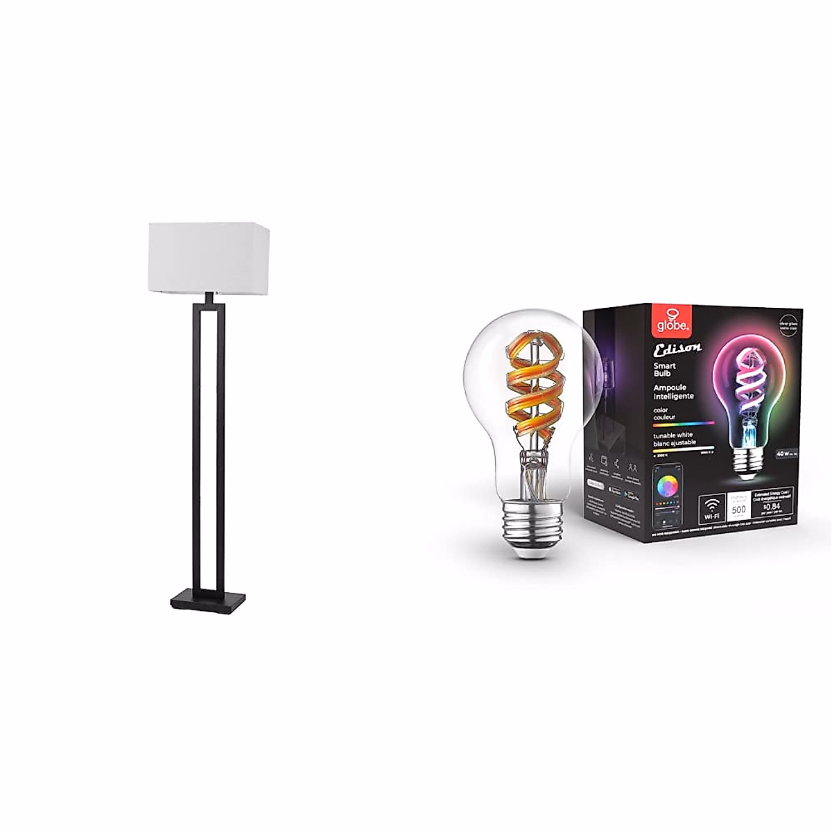 Globe Electric 67046 D'Alessio 58" Matte Black Floor Lamp with White Linen Shade + 35850 Wi-Fi Smart 7W (40W Equivalent) Multicolor Changing RGB Tunable White Clear LED Light Bulb, A19 Shape, E26 Base