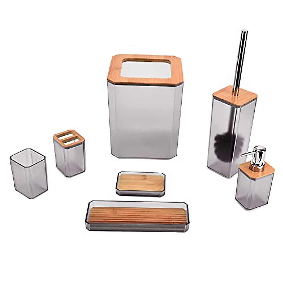 FIYO 7 Pcs Bamboo Bathroom Accessories Set, Bath Accessories Set with Soap Dish, Toothbrush Holder, Cup, Soap Dispenser, Trash Bin, Toilet Brush with Holder for Home Hotel(Grey)