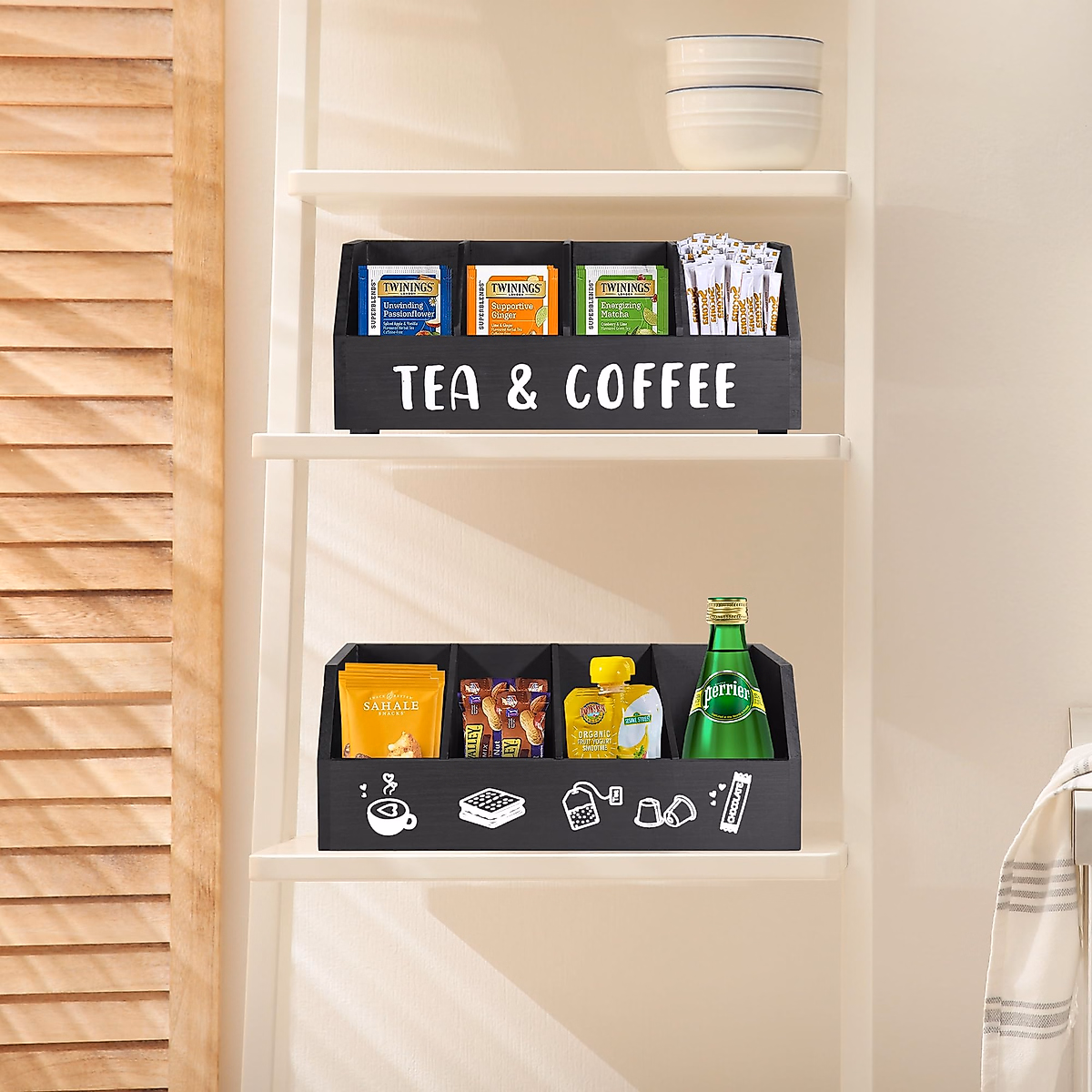 Coffee Station Organizer for Countertop, Wooden Coffee Bar Organization with 8 Compartments, 2 -Tier Tea Bag Organizer for Counter, Black Coffee Accessories for Coffee Bar with Removable Dividers