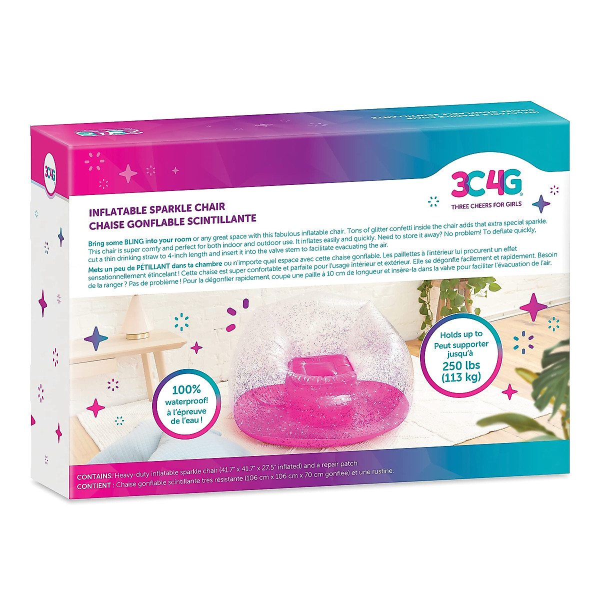 3C4G Pink Glitter Confetti Chairs - Inflatable Lounge Chair for Kids - Comfortable & Portable Blow Up Chair Perfect for Outdoors, Bedrooms, Game Room, Dorms & More! by Make It Real