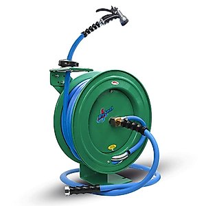 RMX BluSeal Auto Retractable Water Hose Reel with Hot & Cold Water Rubber Garden Hose, Spray Nozzle - Ultra Light, Super Strong with 6' Lead-in Hose (3/4” x 50’ Green)
