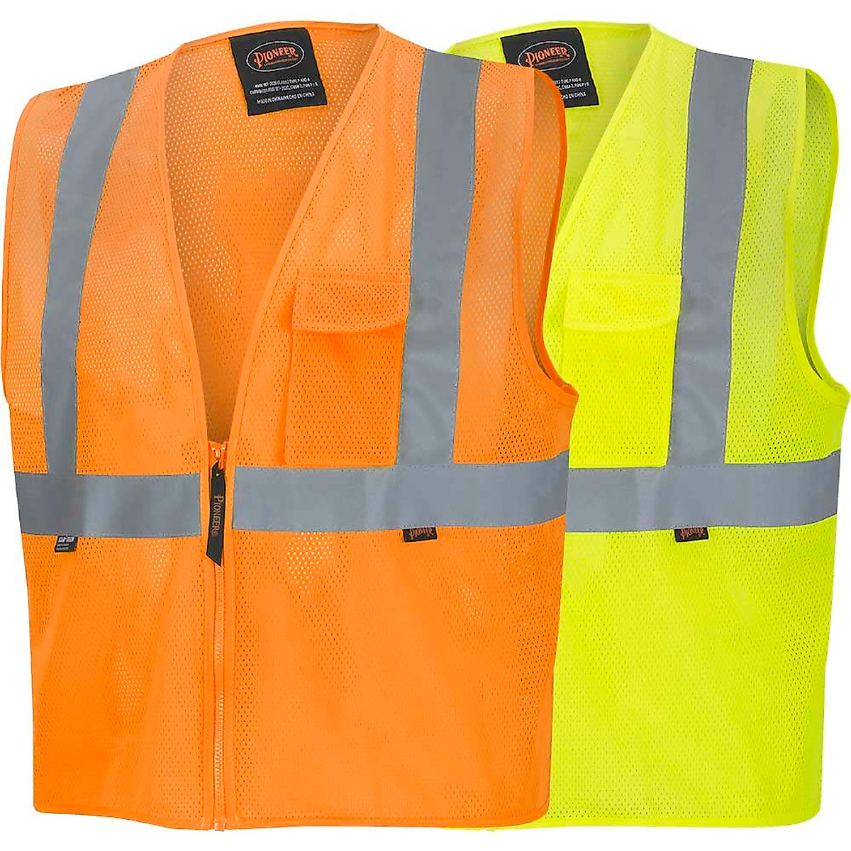 Pioneer High Visibility Safety Vest, Tricot Polyester Mesh, Zip-Up, Reflective Tape, Yellow/Green, Unisex, V1060360U-L, Large