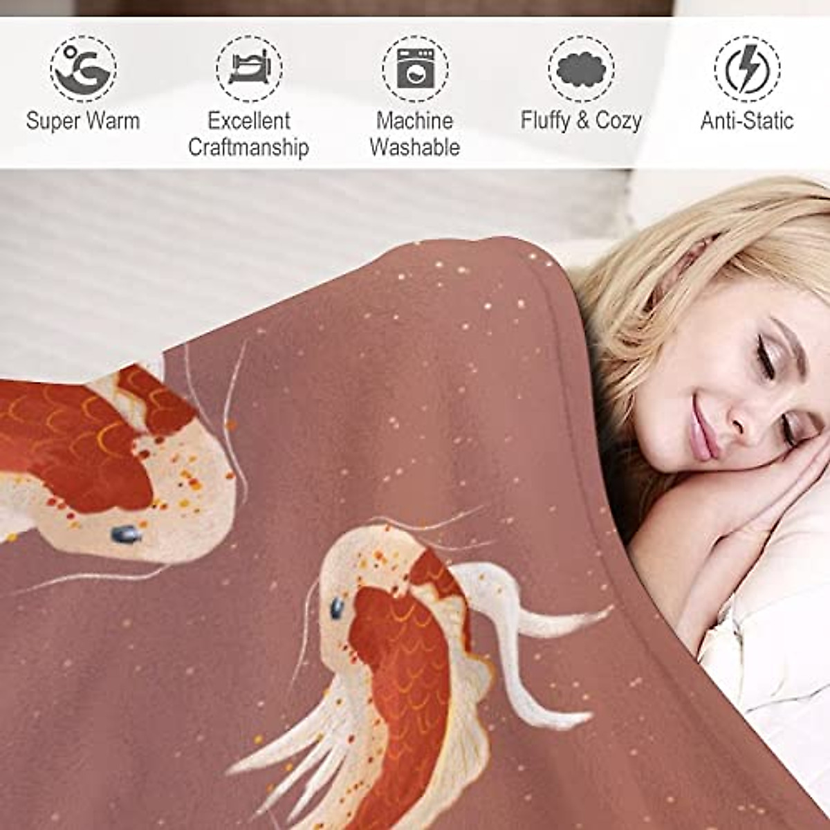 Japanese Wave Koi Fish Throw Blanket Animal Sun Flannel Blanket Utra Soft Breathable Lightweight Blanket for Couch Bed Sofa Office Room