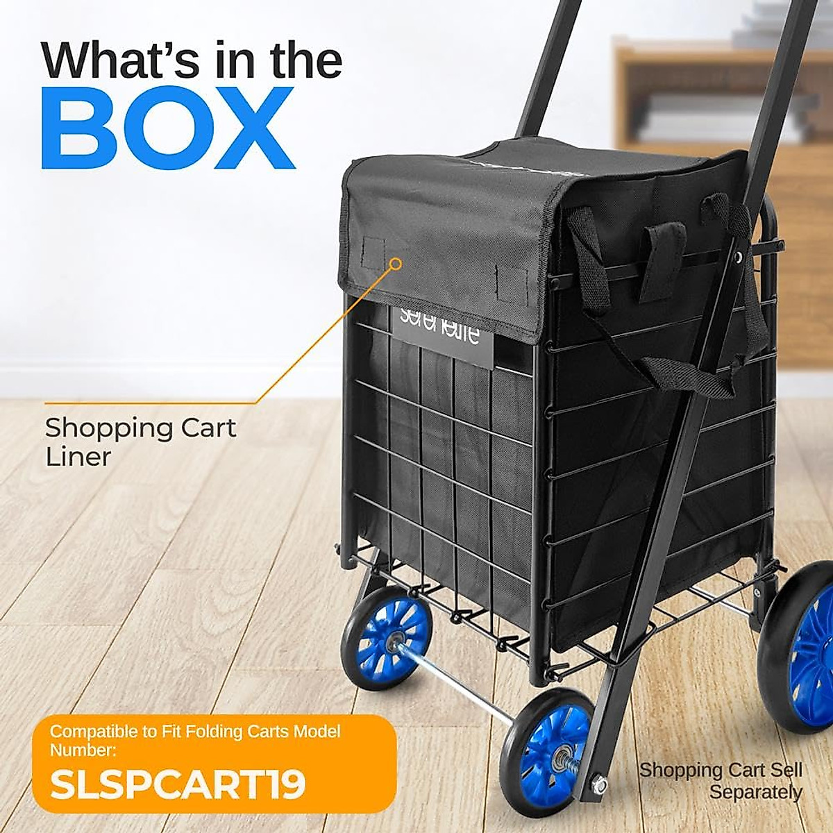 SereneLife 15” Shopping Cart Cover–Multipurpose Cart Liner, Water Resistant, Portable Shopping Bag, Pocket and Side Handles, Compatible with SLSPCART19 Cart Model, All-Black Finishing