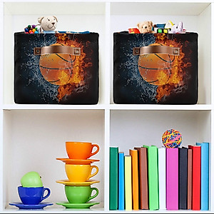 AUUXVA Storage Basket Fire Water Basketball Storage Cube Box Durable Canvas Collapsible Toy Basket Organizer Bin with Handles for Shelf Closet Bedroom Home Office
