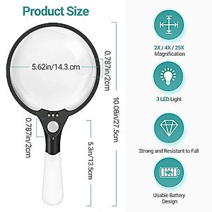 Magnifying Glass with Light, 5.5 Inch Large Magnifier 2X 4X 25X Zoom Magnifying Glass Lens with 3 Bright LED Illuminated Lighted Handheld Magnifier for Seniors Reading, Stamps, Map