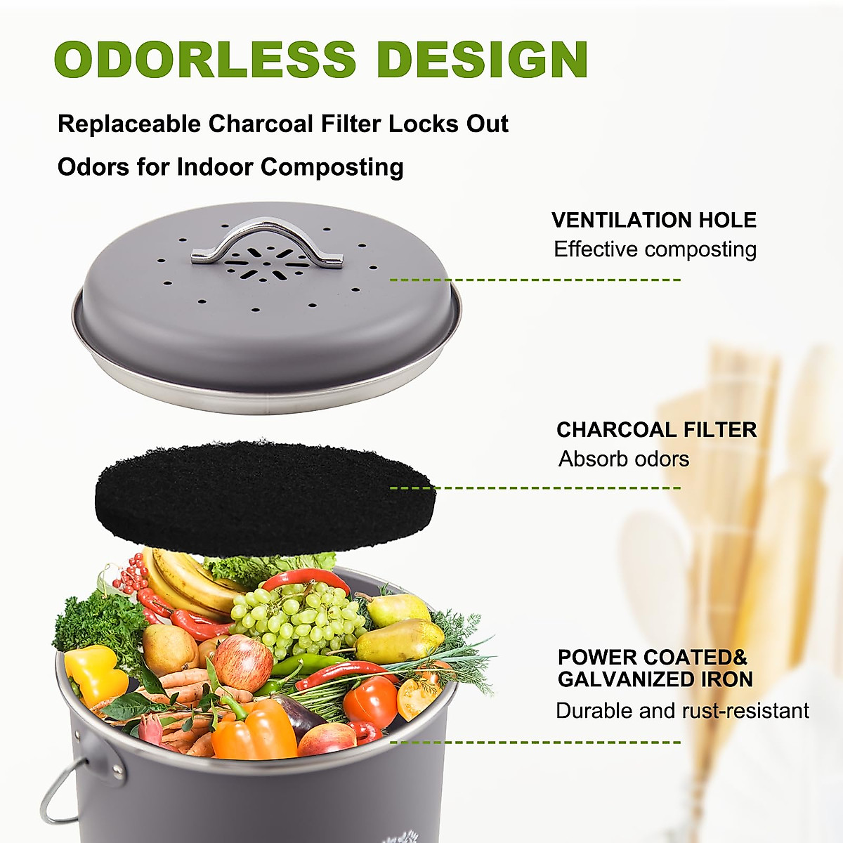 Holismo Kitchen Countertop Compost Bin, Odor Resistant Indoor Compost Bin with Lid and Charcoal Filter, Rust Resistant Coated Compost Bucket, Compost Container, Gray
