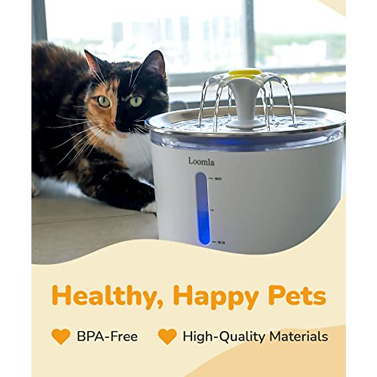 Loomla Cat Water Fountain, 85oz/2.5L Pet Water Fountain Indoor, Automatic Dog Water Dispenser with Switchable LED Lights, 2 Replacement Filters for Cats, Dogs, Pets（Stainless Steel）