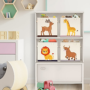 Livememory 13 inch Kids Cube Storage Bins - Foldable Animal Storage Cube for Children Toddler Nursery, 4 Pack (Giraffe, Deer, Bull, Lion)