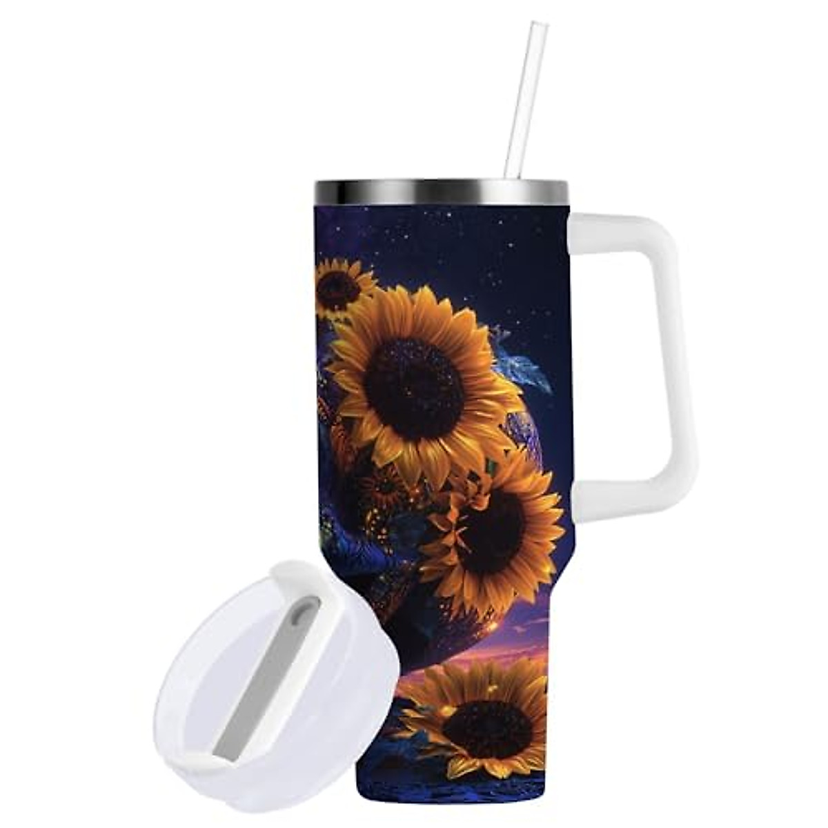 Slewiaeky Tumbler with Handle 40 oz Beautiful Goth Skull Sunflower Travel Mug with Lid and Straw Stainless Steel Vacuum Insulated Water Bottle Cup for Iced Tea Coffee Cold Beverages Cup Holder Friend