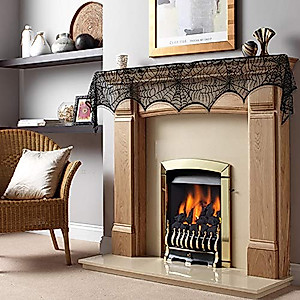 3AB Halloween Fireplace Decoration, Black Lace Spiderweb Fireplace Mantle Scarf, 18 x 96 inch Cobweb Fireplace Scarf for Halloween Party Decorations