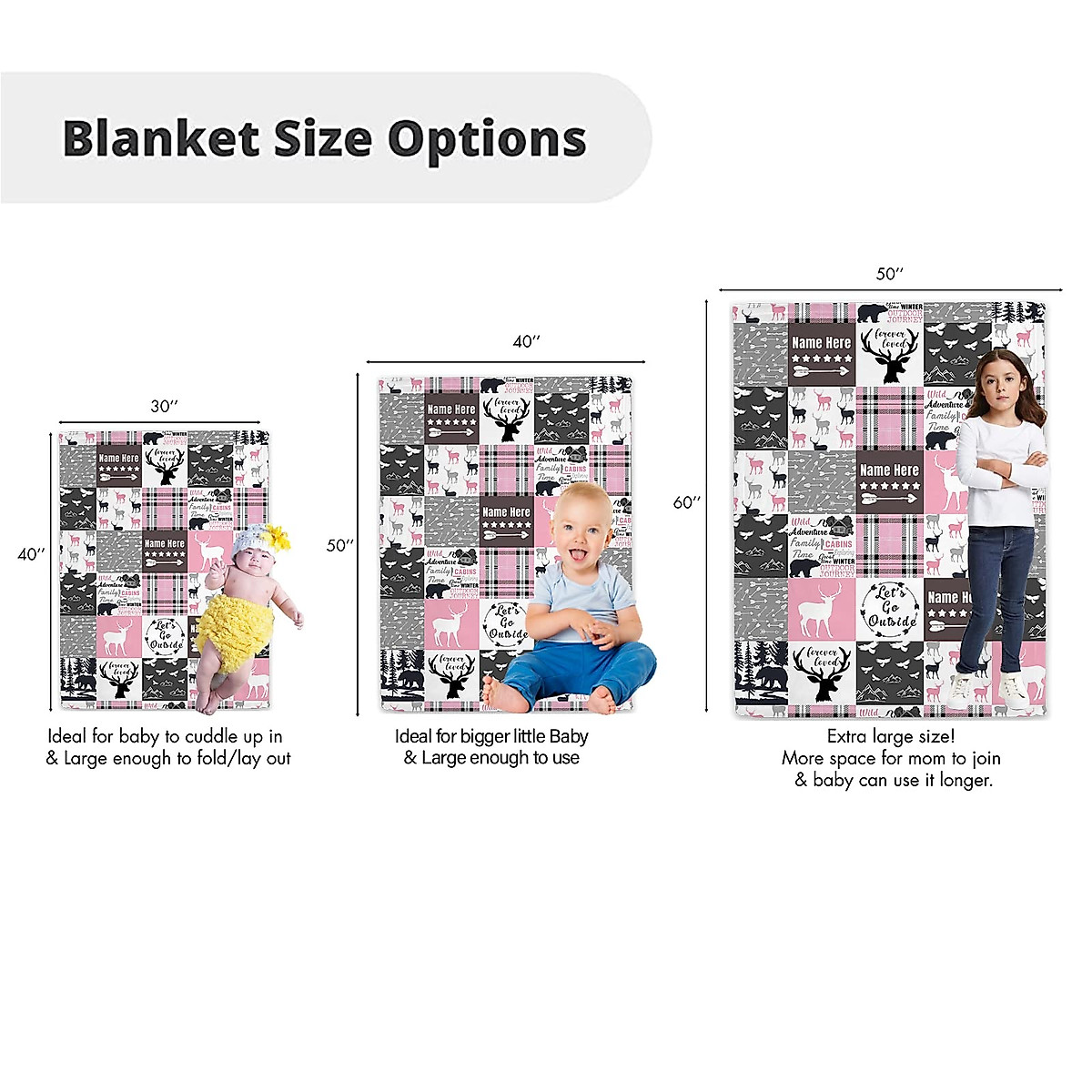 Pink Woodland Deer Personalized Baby Blanket with Name, Custom Deer and Bear Swadding Blankets for Baby Girls Kids, Woodland Nursery Decor, Adventure Soft Receiving Blankets for Newborn Infant