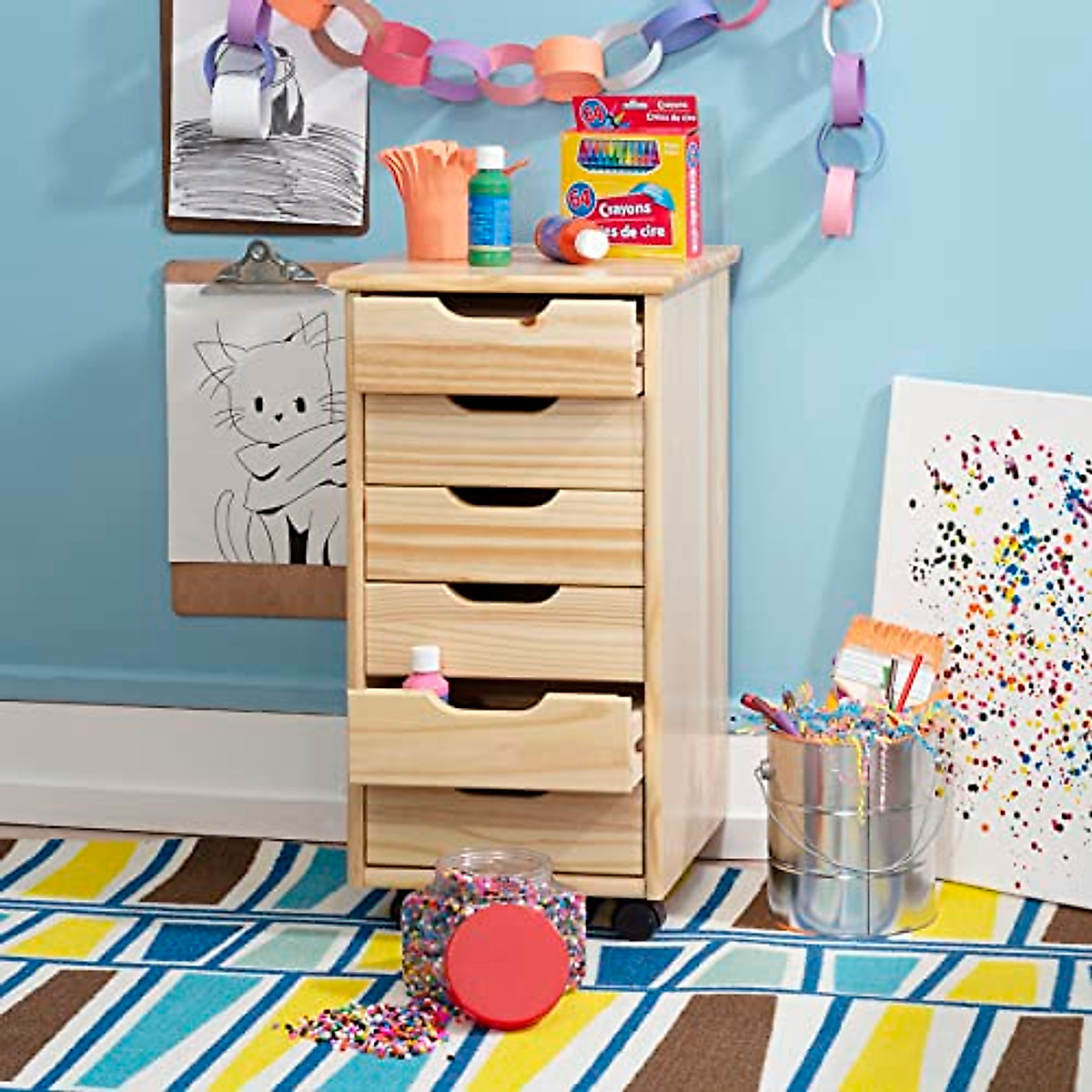 Linon Home Decor Products Corinne Six Drawer Storage, Natural Rolling Cart