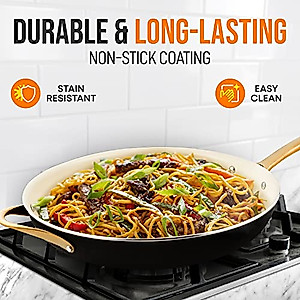 NutriChef 14" Extra Large Fry Pan - Professional Home Cookware Skillet Nonstick Frying Pan with Golden Titanium Coated Silicone Handle, Ceramic Coating, Stain-Resistant, And Easy To Clean