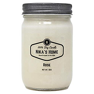 Nika's Home Rose Soy Candle 12oz Mason Jar Non-Toxic White Soy Candle-Hand Poured Candle- Handmade, Long Burning 50-60 Hours Highly Scented All Natural, Clean Burning Large Candle Gift Décor