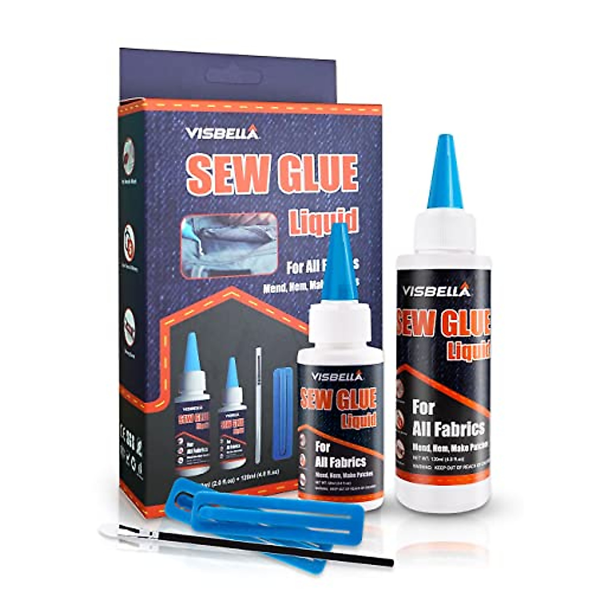 Visbella 1 Min Fast Drying Liquid Stitch Fabric Adhesive Glue Strong Bond Clear Drying Waterproof Sew Glue Permanent Washable for Repair, Make Patches on Clothes, Denim, Leather, Flannel, All Fabrics