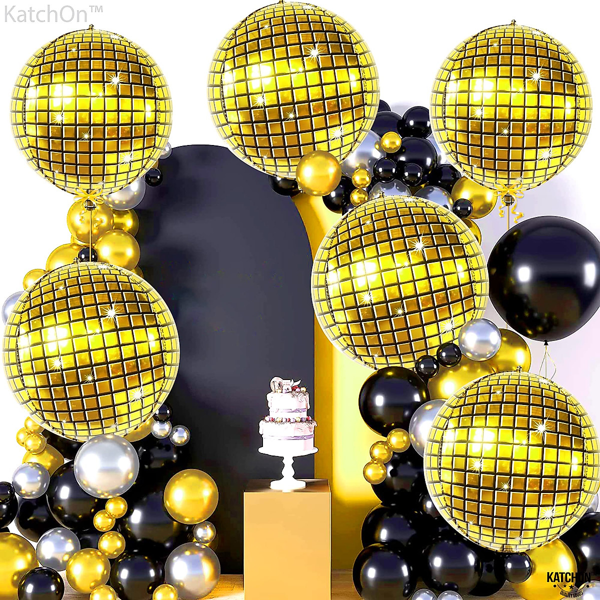 KatchOn, Big Gold Disco Ball Balloons - 22 Inch, Pack of 6, Gold Disco Party Decorations | 4D Gold Disco Balloons, 70s Party Decorations | Gold Disco Ball Decorations | Disco Ball Balloons Gold