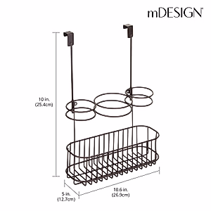 mDesign Steel Over Cabinet Door Hair Care, Hot Styling Tool Organizer Storage Basket for Hair Dryer, Flat Irons, Curling Wands, Straighteners, Space Saving, 3 Sections, Concerto Collection, Bronze