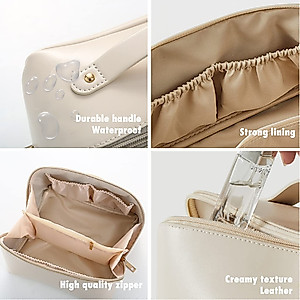 MINGRI Large Capacity Travel Cosmetic Bag for Women,Portable PU Leather Makeup Bag Water Resistant,Flat Open Multifunctional Storage Travel Toiletry Bag with Divider and Handle(White)