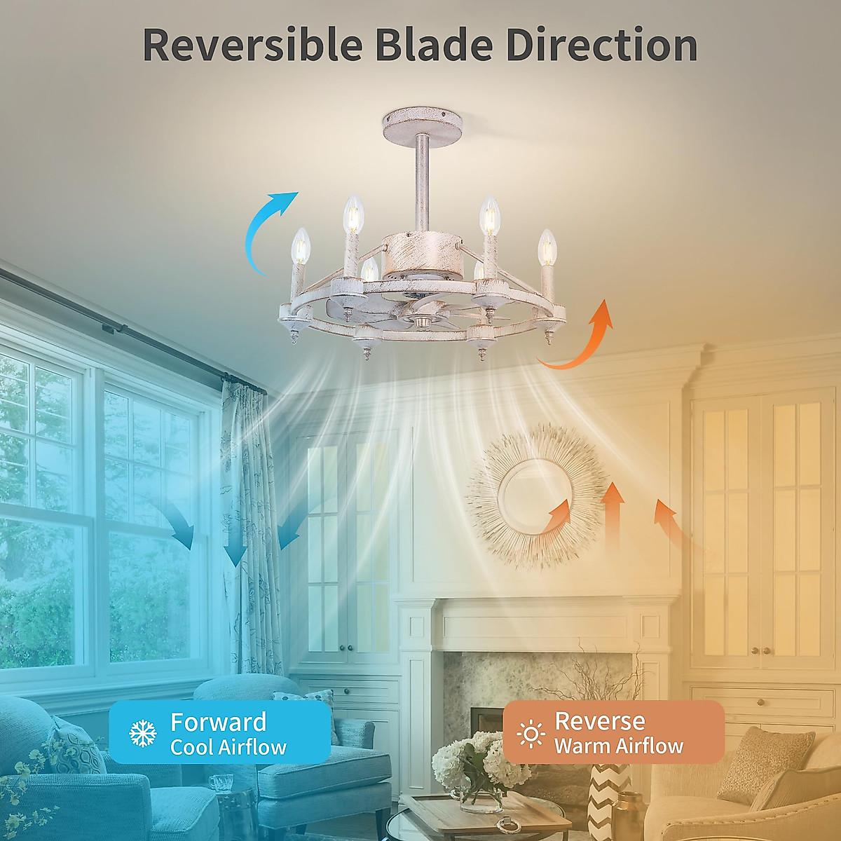 KINGTORO Rustic White Chandelier Ceiling Fans with Lights, 20.5" Wagon Wheel Chandelier,Adjustable Height,3 speeds,Fandelier with Lights and Remote for Kitchen Dining Room Living Room