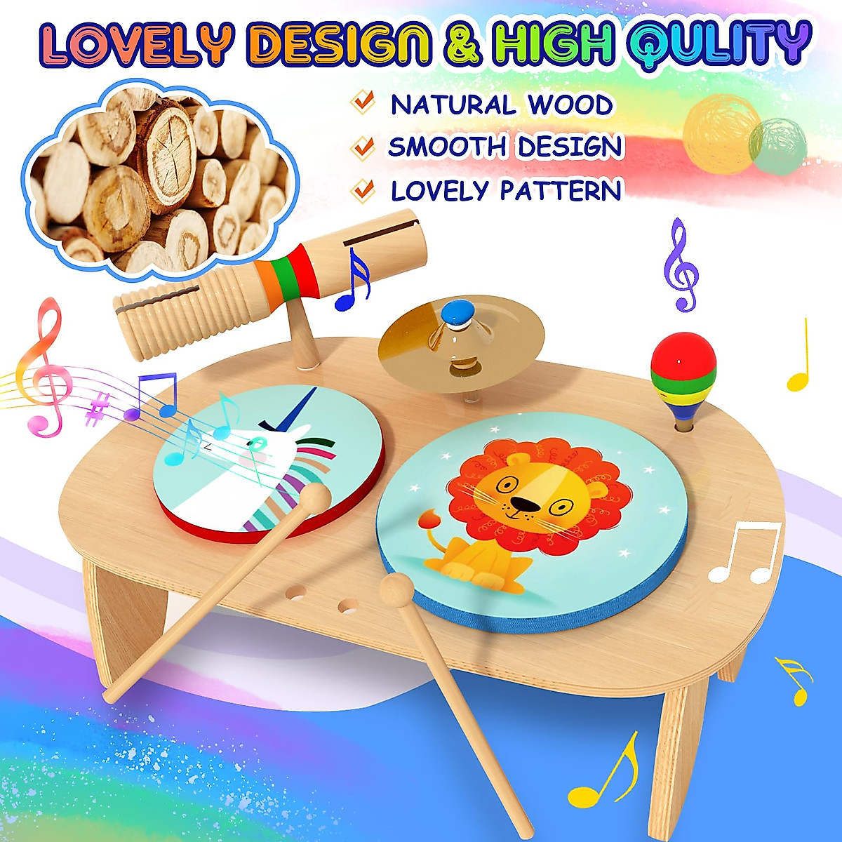 LOOIKOOS Kids Drum Set for Toddlers 1-3, All in One Montessori Musical Instruments -Wooden Percussion Educational Preschool Music Toys for Baby 12-18 Months