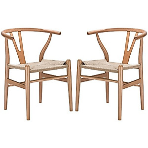Poly and Bark Weave Modern Wooden Mid-Century Dining Chair, Hemp Seat, Natural (Set of 2)