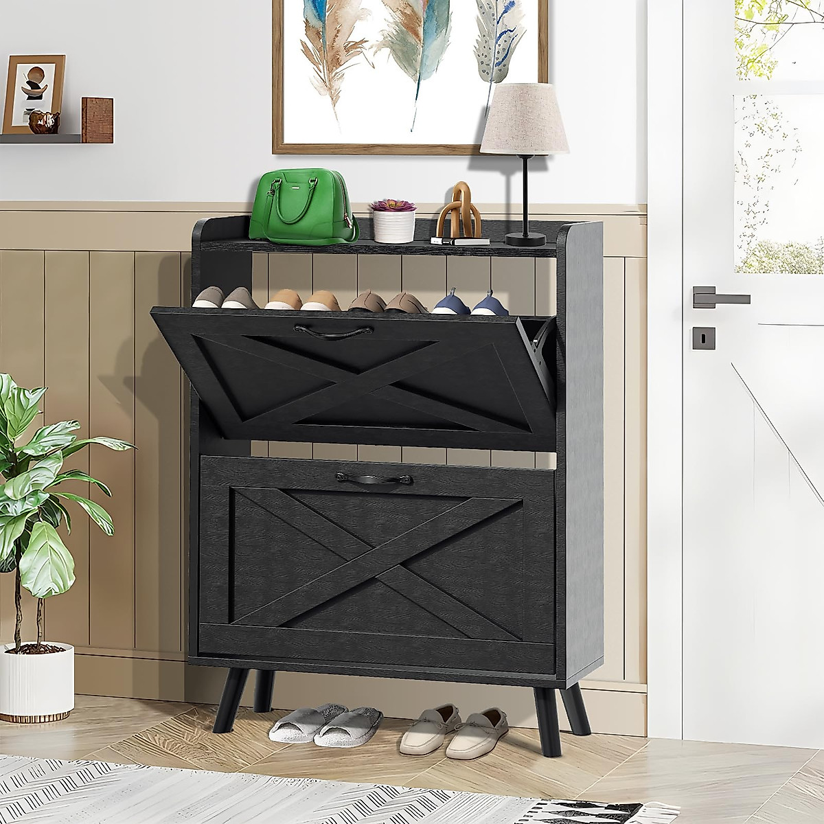 SUNCROWN Shoe Cabinet Storage with 2 Flip Drawers, Freestanding Shoe Organizer with Wooden Legs, Narrow Entryway Shoes Storage Cabinet, Shoe Rack Shelves,Black-Small