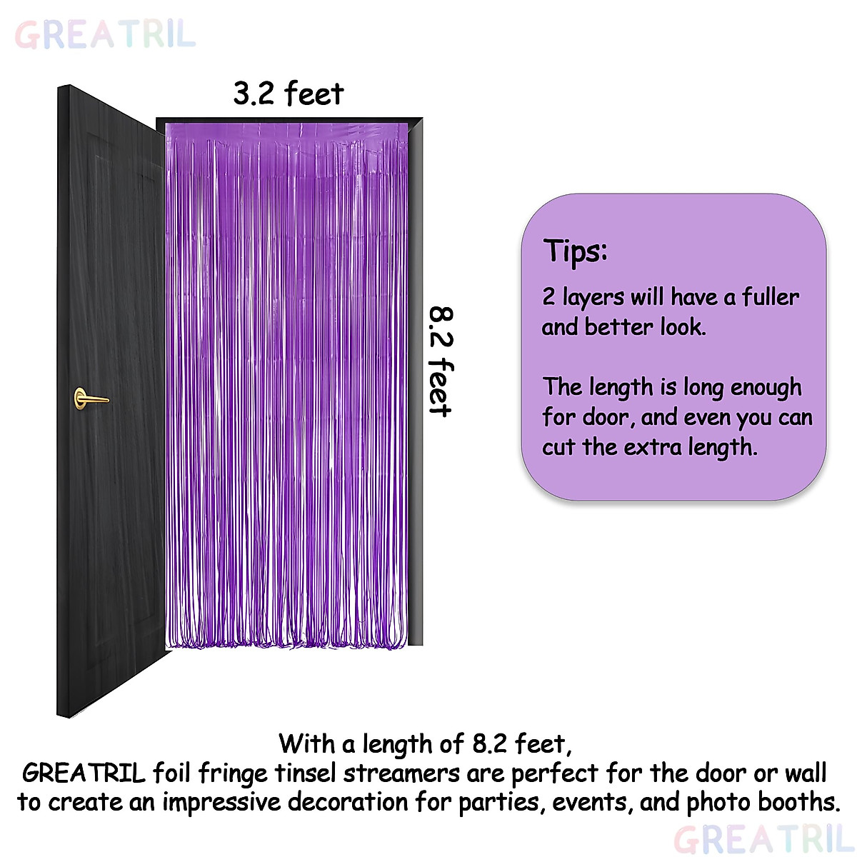 Purple Foil Fringe Party Backdrop - GREATRIL Party Streamers for Mermaid/Butterfly/Wednesdays/Star Birthdays Party Decoration - 3.2ft X 8.2ft - 2 Packs