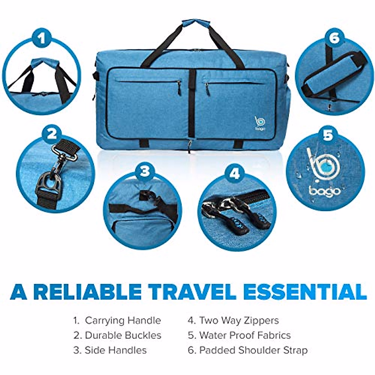 Bago Large Foldable Duffel Bags for Traveling Women & Men - 100L Packable Duffle Bag for Travel with Shoe Compartment - Water Repellant, Heavy Duty, Lightweight Folding & Collapsible (SnowBlue)