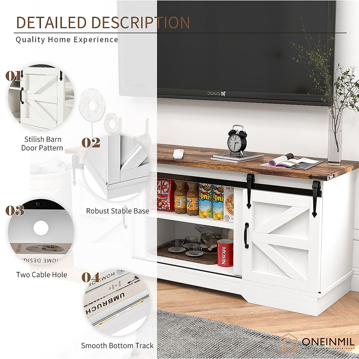 oneinmil 58 Inch Farmhouse TV Stand, Modern Rustic Entertainment Center with Sliding Barn Door and Storage Cabinets, Metal Media TV Console with Shelf for TVs up to 65 Inch in Living Room, White