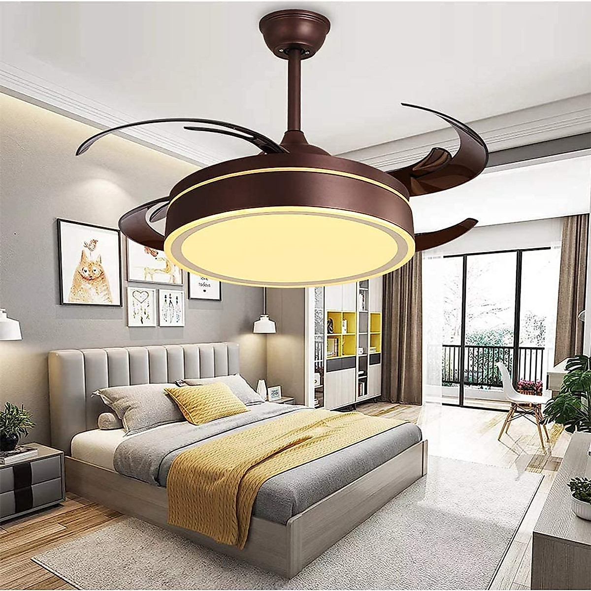 Lighting Groups 42" Retractable Ceiling Fans with LED Light Remote Control 4 Invisible Clear ABS Blades Livingroom Diningroom Fan Chandelier Indoor Ceiling Light Kits with Fans (Brown)