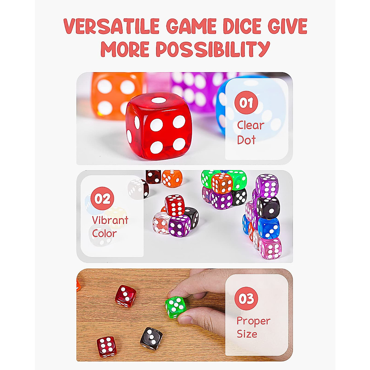 JoyCat 16mm 6 Sided Dice Set Standard Game Dice Kids for Board Games Dice Games Math Dice for Classroom with Storage Bucket (100, Translucent)