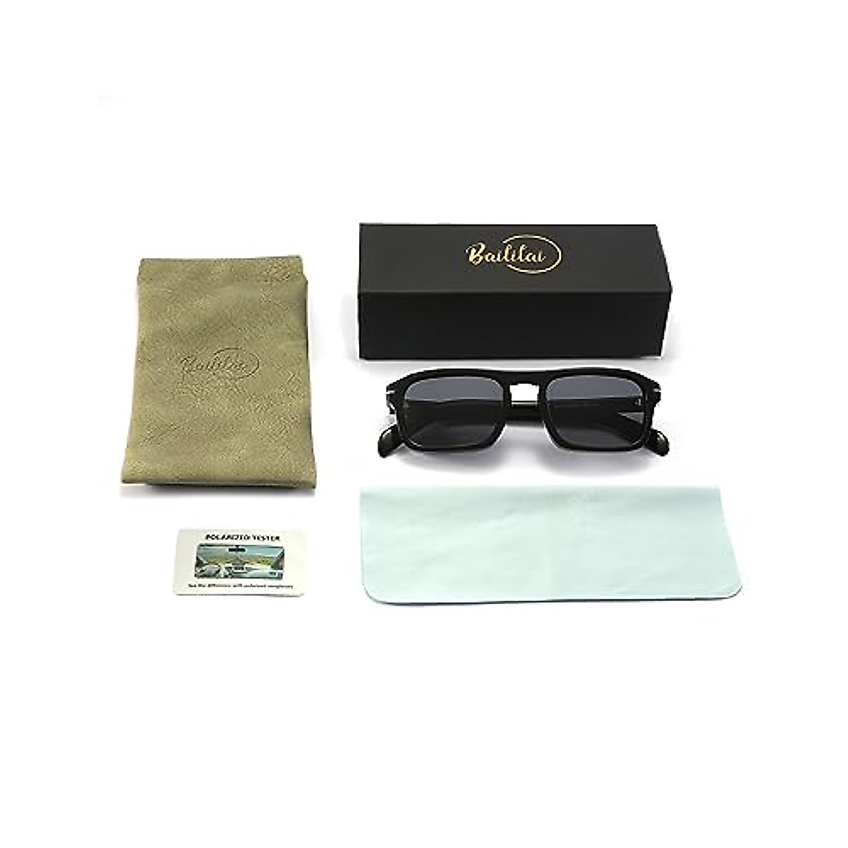 Baililai Small Rectangular Polarized Sunglasses for Men and Women with 100% UV Protection and HD Lens - Model 1404 (Black)
